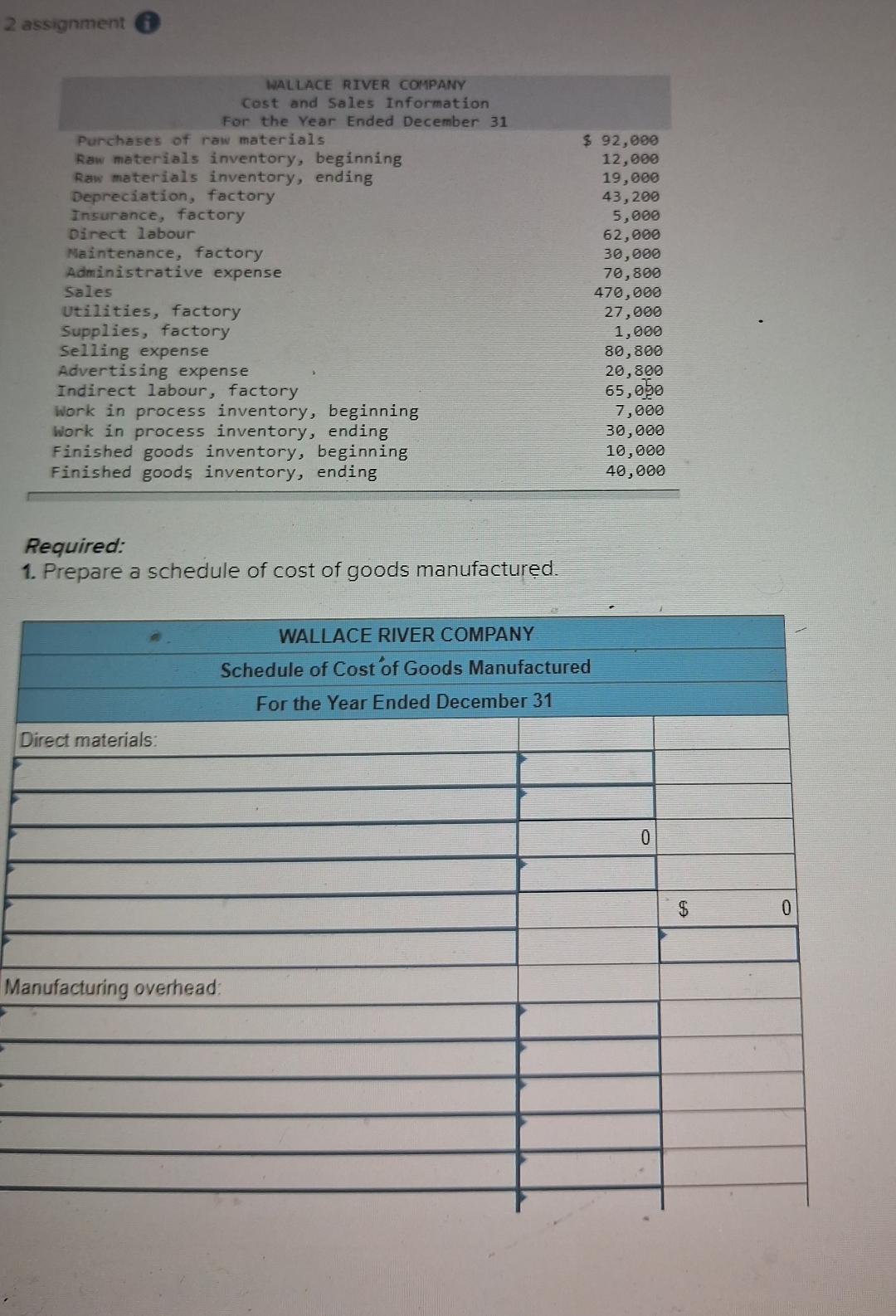 Solved 2 ﻿assignment\table[[\table[[WALLACE RIVER | Chegg.com