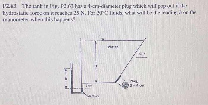 Solved P2.63 The tank in Fig. P2.63 has a 4-cm-diameter plug | Chegg.com