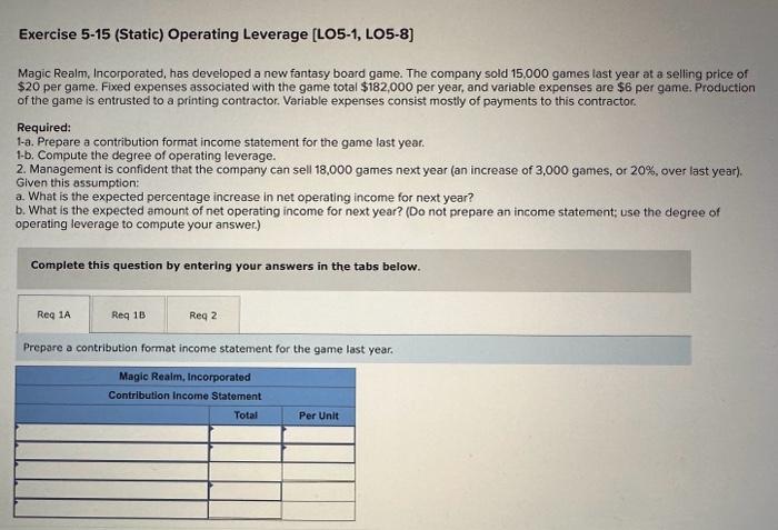 Solved Exercise 5-15 (Static) Operating Leverage [LO5-1, | Chegg.com