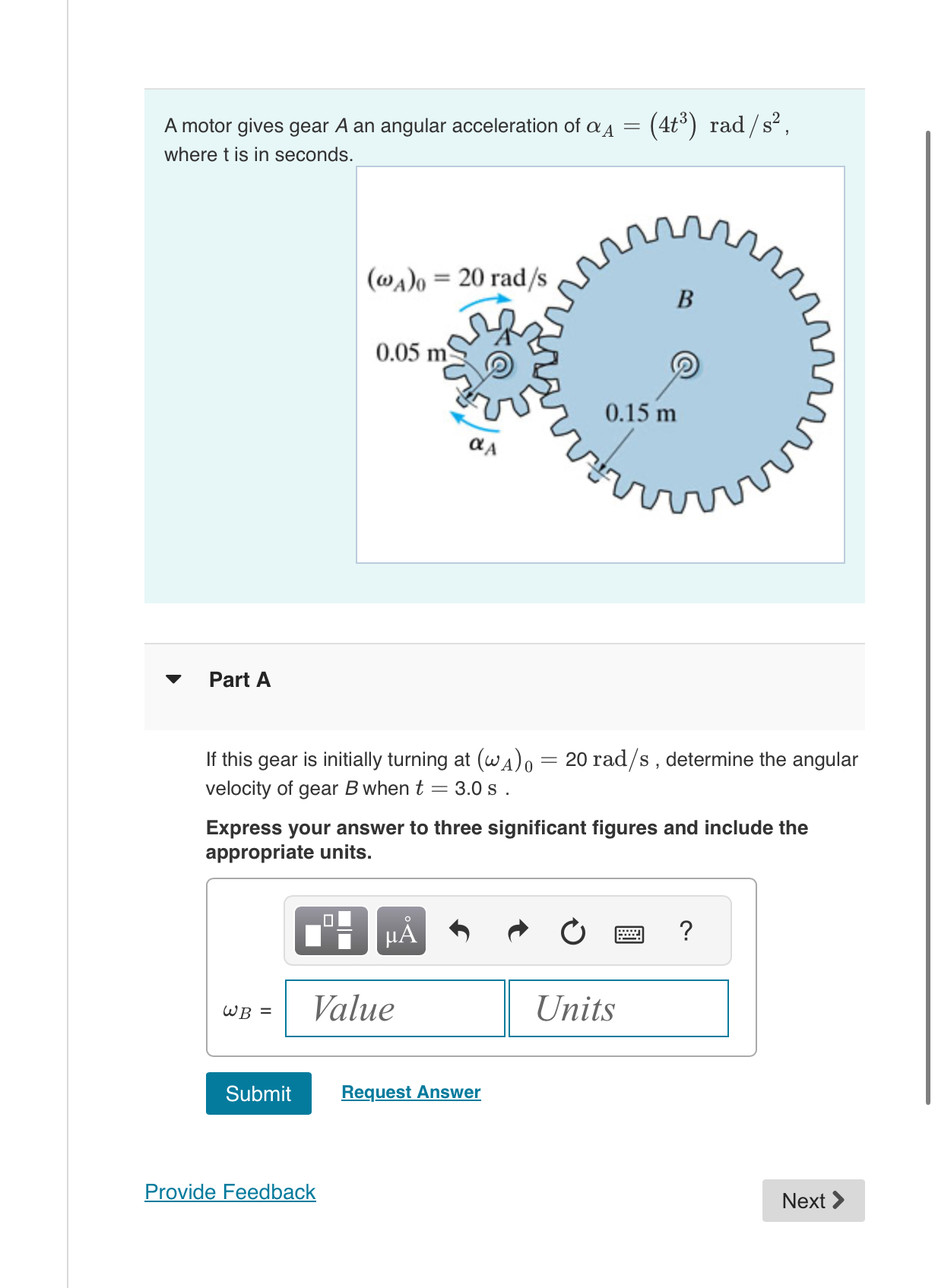 Solved A motor gives gear A ﻿an angular acceleration of | Chegg.com