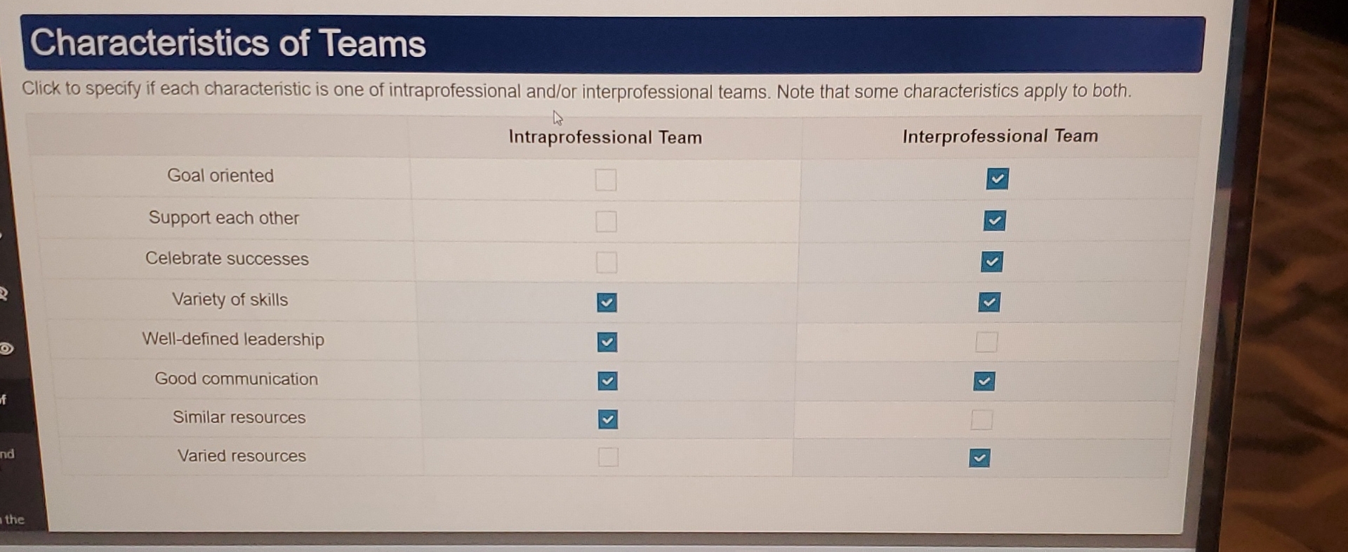 Solved Characteristics of TeamsClick to specify if each | Chegg.com