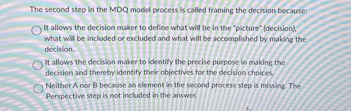 Solved The second step in the MDQ model process is called | Chegg.com