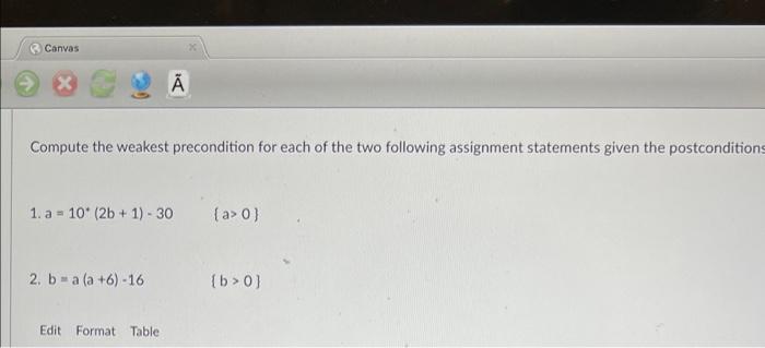 Solved Canvas Compute the weakest precondition for each of | Chegg.com