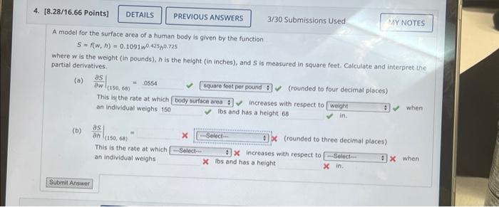 Solved A model for the surface area of a human body is given | Chegg.com