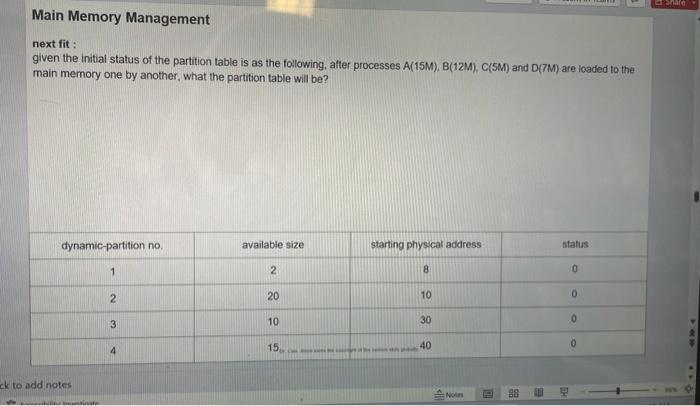 Solved Main Memory Management next fit : given the initial | Chegg.com