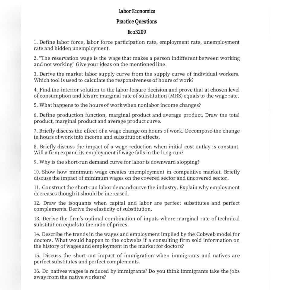 Solved Labor Economics Practice Questions Eco3209 1. Define | Chegg.com