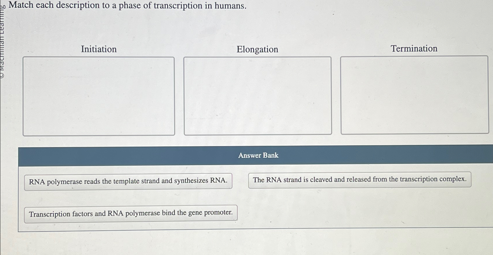 Solved Match each description to a phase of transcription in | Chegg.com