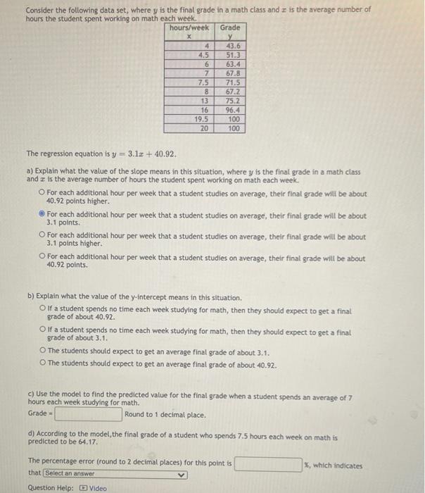 Solved Consider the following data set, where y is the final | Chegg.com