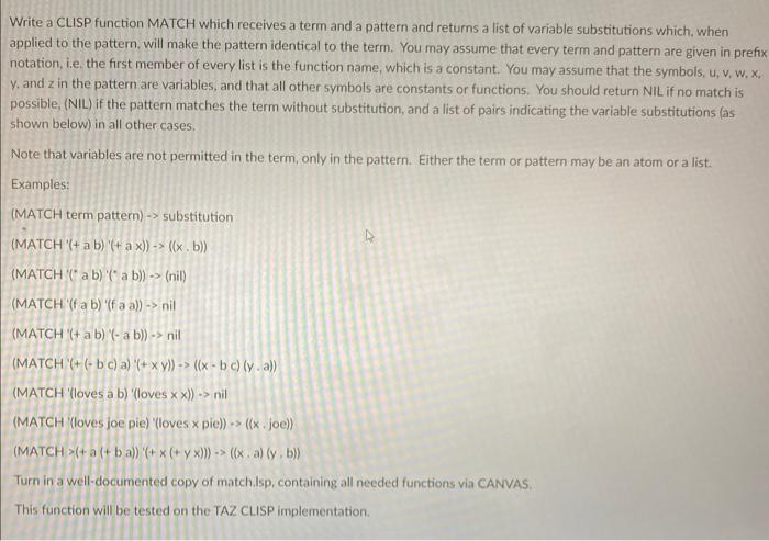 Solved Write A Clisp Function Match Which Receives A Term 
