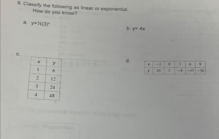 Solved 9. Classify the following as linear or exponential. | Chegg.com