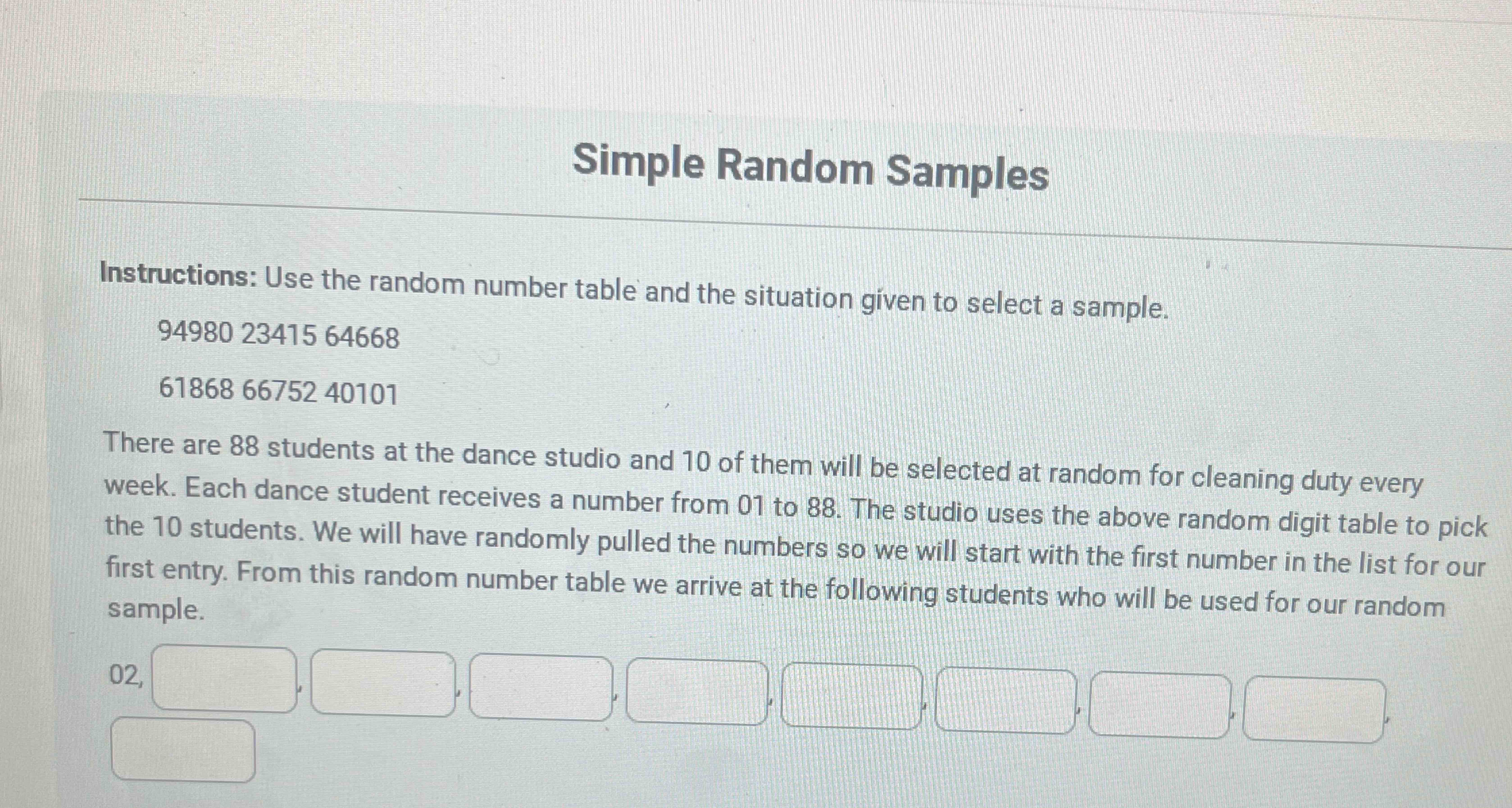 Solved Simple Random SamplesInstructions: Use the random | Chegg.com