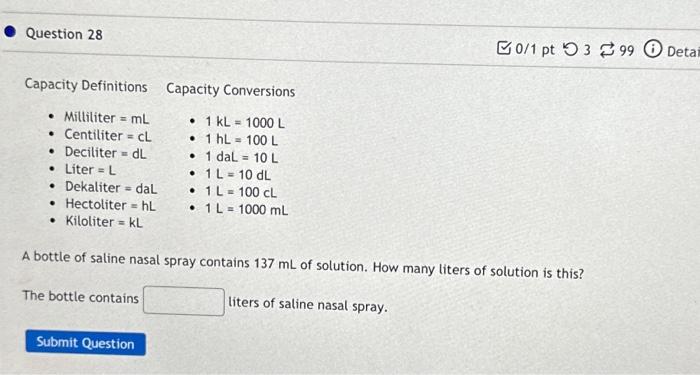Solved Capacity Definitions - Millititer =mL - Centiliter | Chegg.com