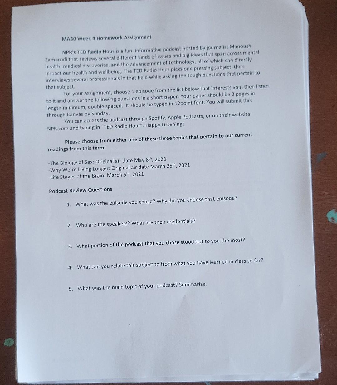 Solved MA30 Week 4 Homework Assignment NPR's TED Radio Hour | Chegg.com