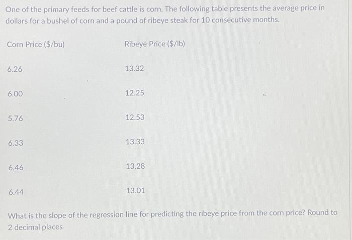 Solved One of the primary feeds for beef cattle is corn. The | Chegg.com