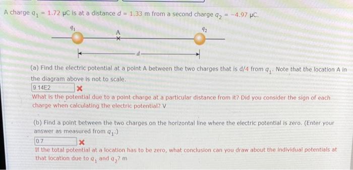 Solved A charge q1=1.72μC is at a distance d=1.33 m from a | Chegg.com