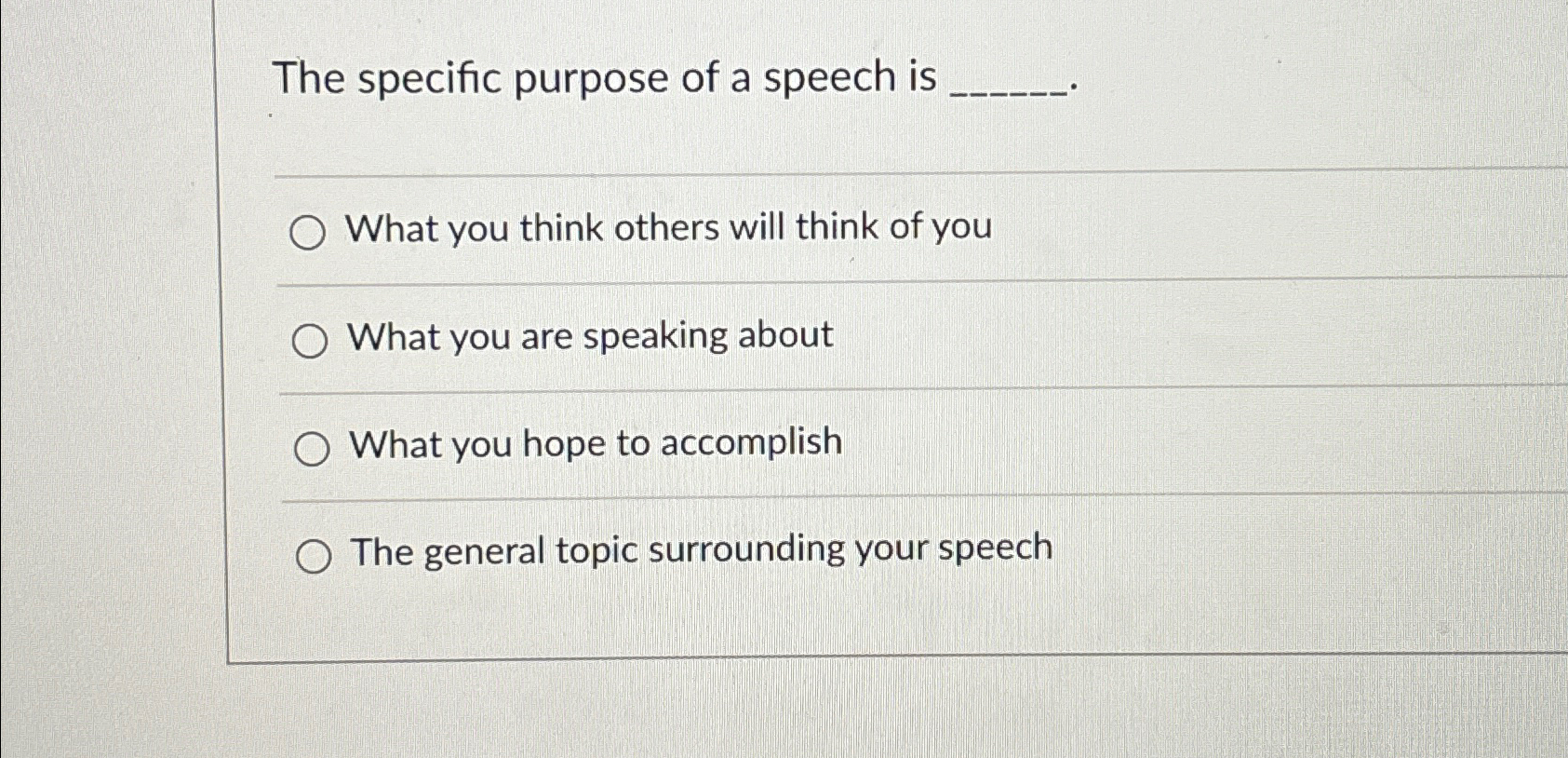 Solved The specific purpose of a speech isWhat you think | Chegg.com