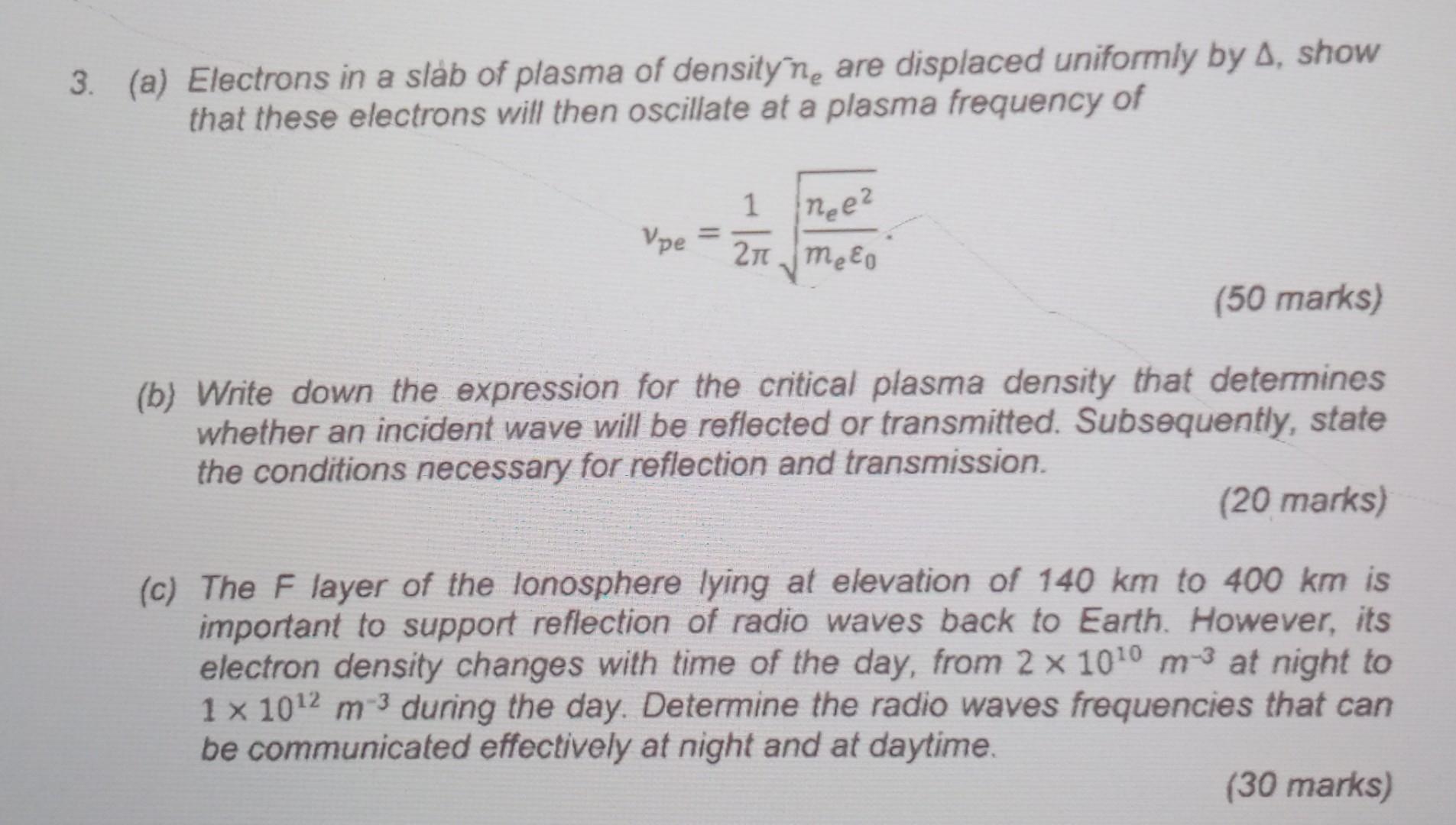 Solved 3. (a) Electrons in a slab of plasma of density ne | Chegg.com