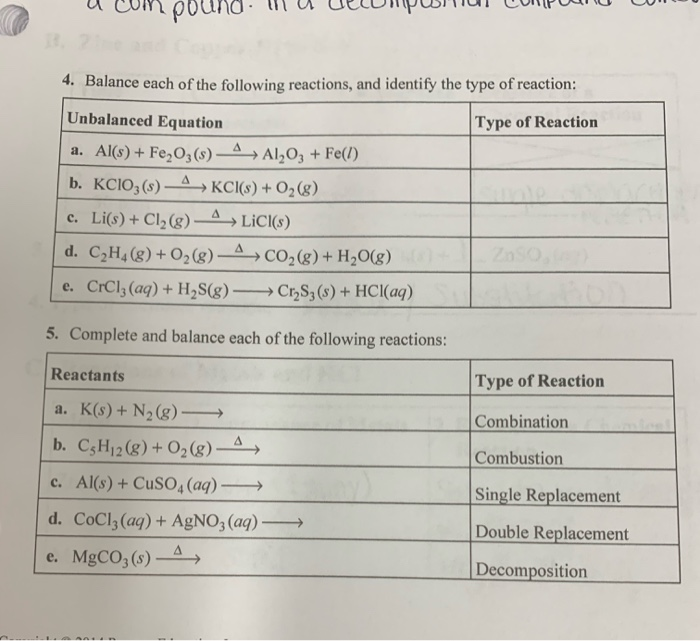 Solved pound 4. Balance each of the following reactions, and | Chegg.com