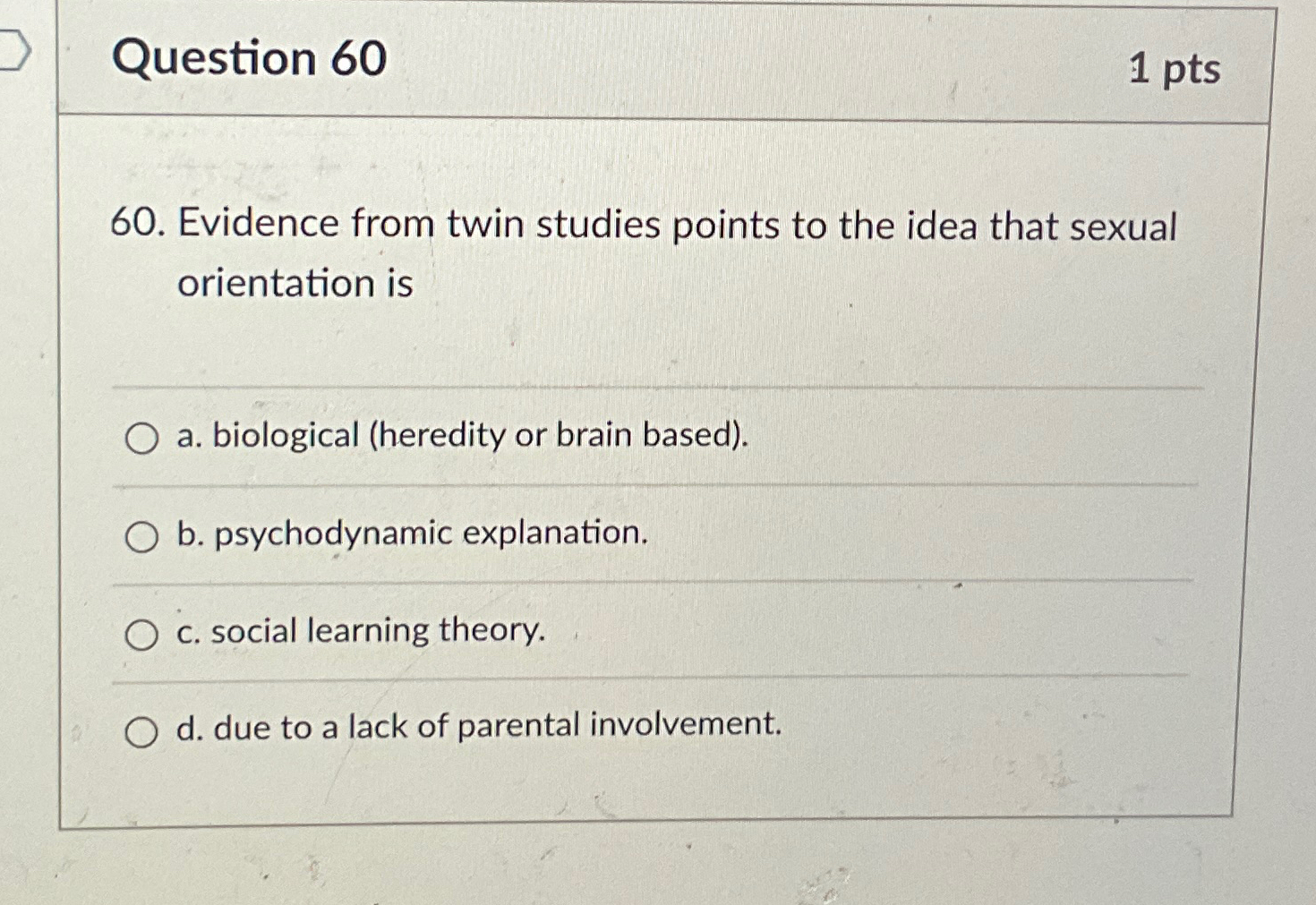 Solved Question 601 ﻿pts60. ﻿Evidence from twin studies | Chegg.com