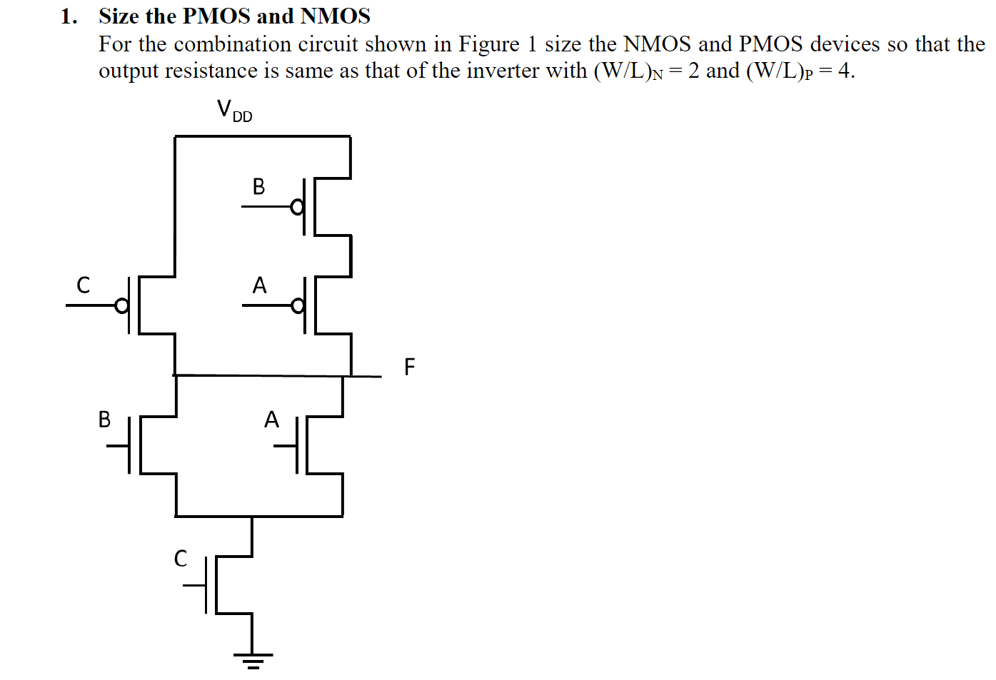 Solved Size the PMOS and NMOSFor the combination circuit | Chegg.com