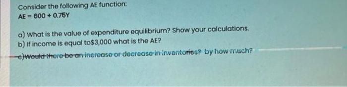 Solved Consider the following AE function: AE=600+0.76Y a) | Chegg.com