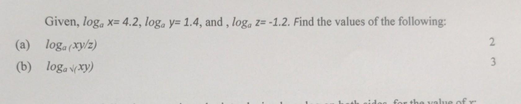 Solved Given, logax=4.2,logay=1.4, and , logaz=−1.2. Find | Chegg.com