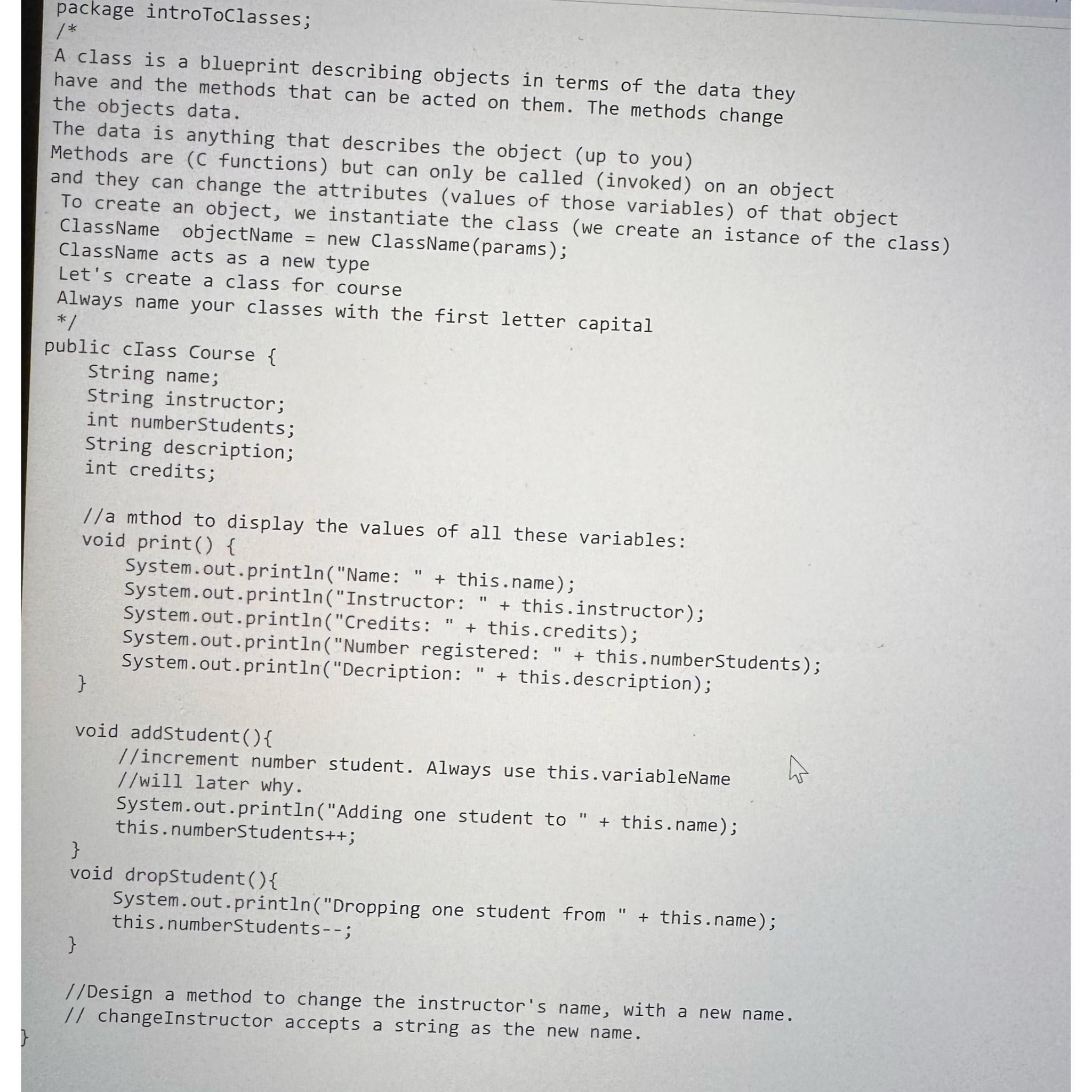 Solved package introToclasses;1**A class is a blueprint | Chegg.com