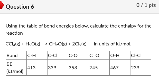 Question 601 ﻿ptsUsing the table of bond energies | Chegg.com