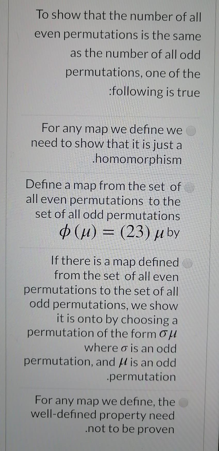 Solved To show that the number of all even permutations is | Chegg.com