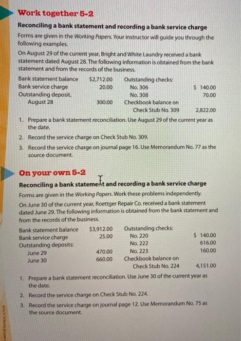 Work together 5-2 Reconciling a bank statement and | Chegg.com