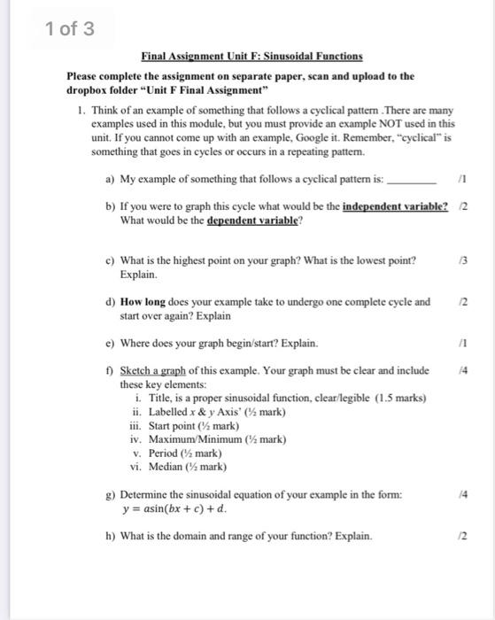 Solved 1 of 3 Final Assignment Unit F: Sinusoidal Functions | Chegg.com
