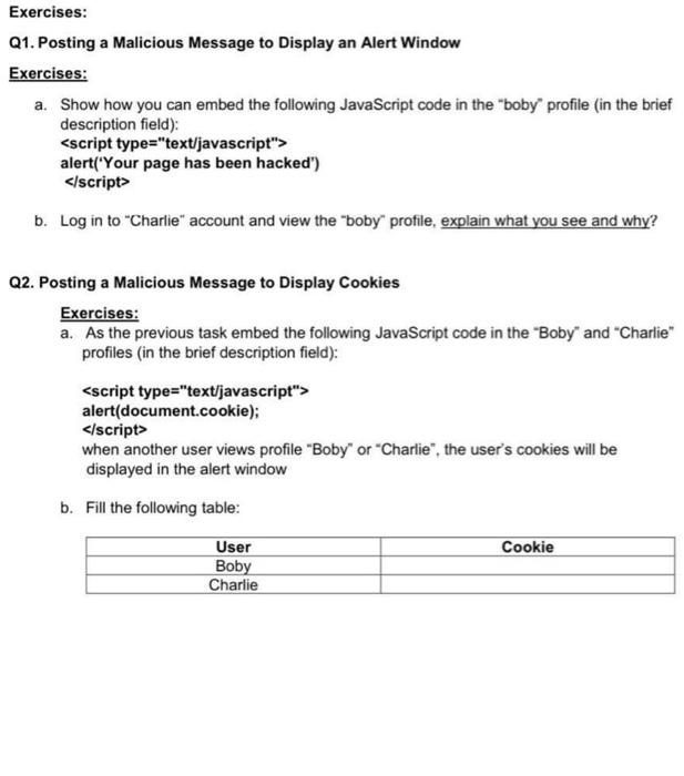 Solved Exercises: Q1. Posting a Malicious Message to Display | Chegg.com