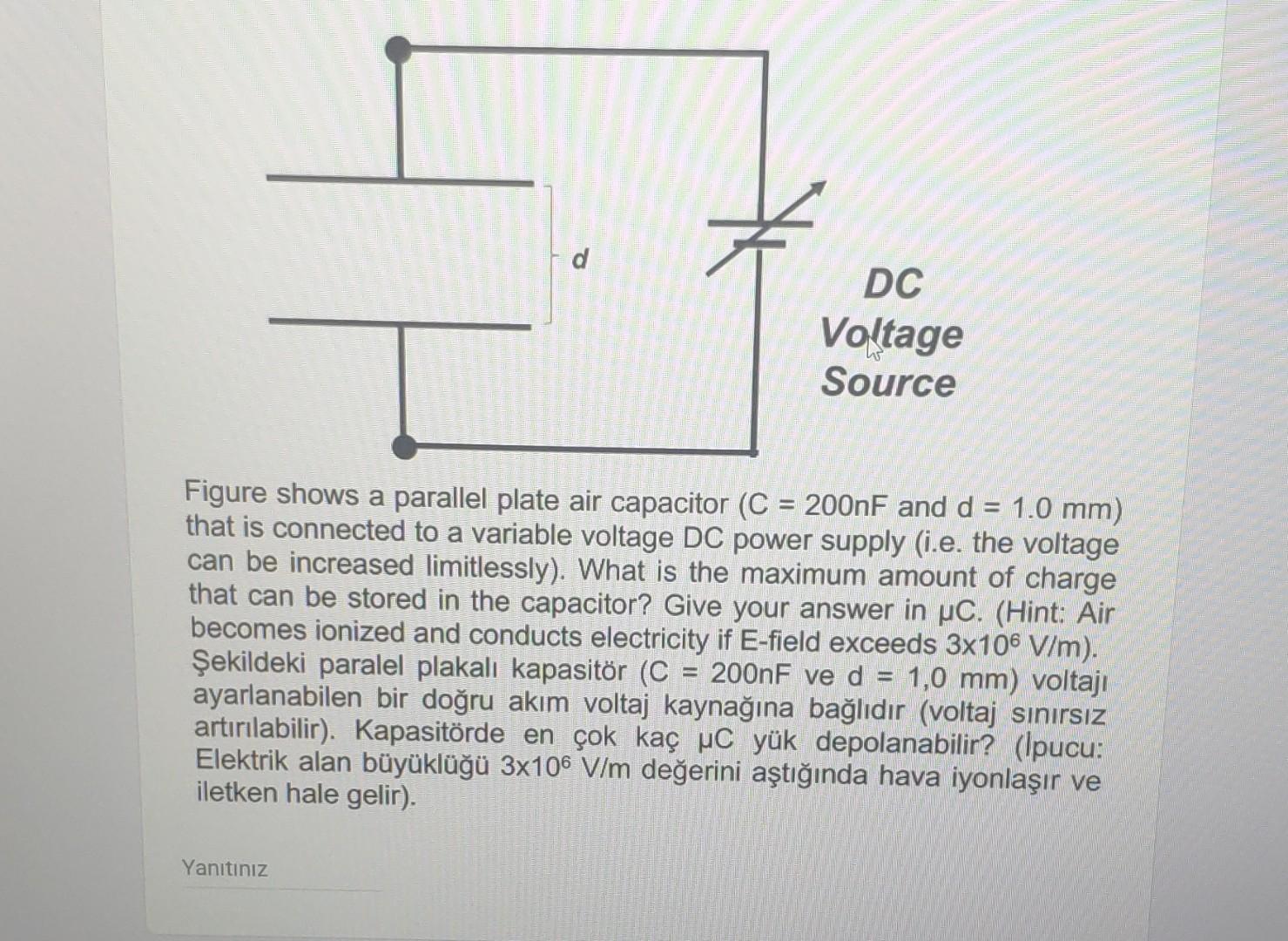 Solved Figure shows a parallel plate air capacitor (C=200nF | Chegg.com