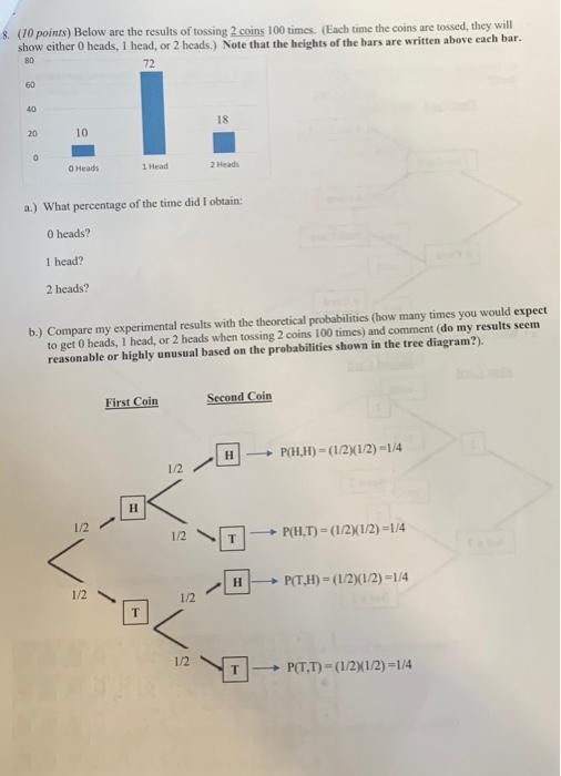 Solved 8. (10 points) Below are the results of tossing 2 | Chegg.com