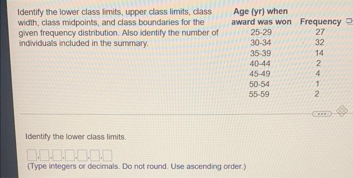 Solved Identify the lower class limits, upper class limits, | Chegg.com
