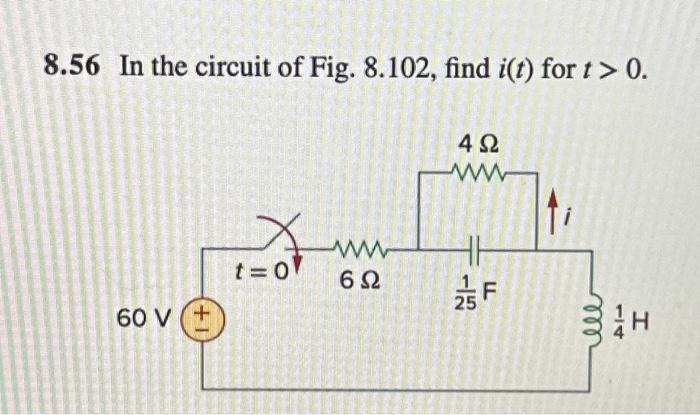 Solved 8.56 In the circuit of Fig. 8.102, find i(t) for t>0. | Chegg.com
