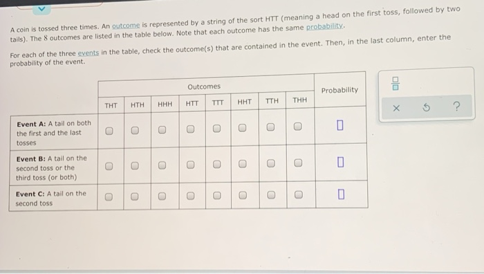 Solved A coin is tossed three times. An outcome is | Chegg.com