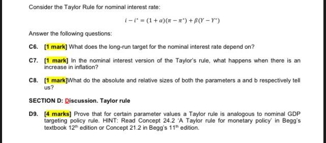 Solved Consider the Taylor Rule for nominal interest rate: | Chegg.com