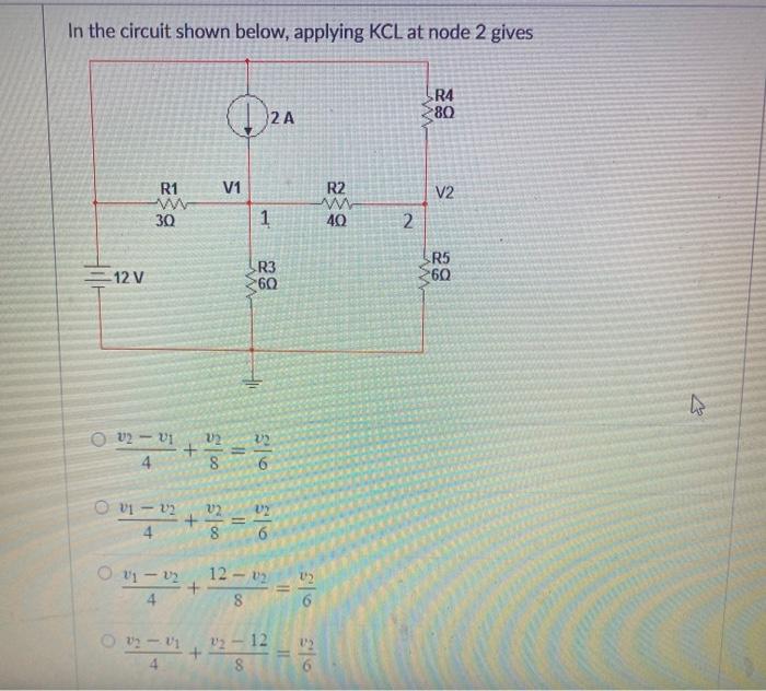 Solved In the circuit shown below, applying KCL at node 2 | Chegg.com