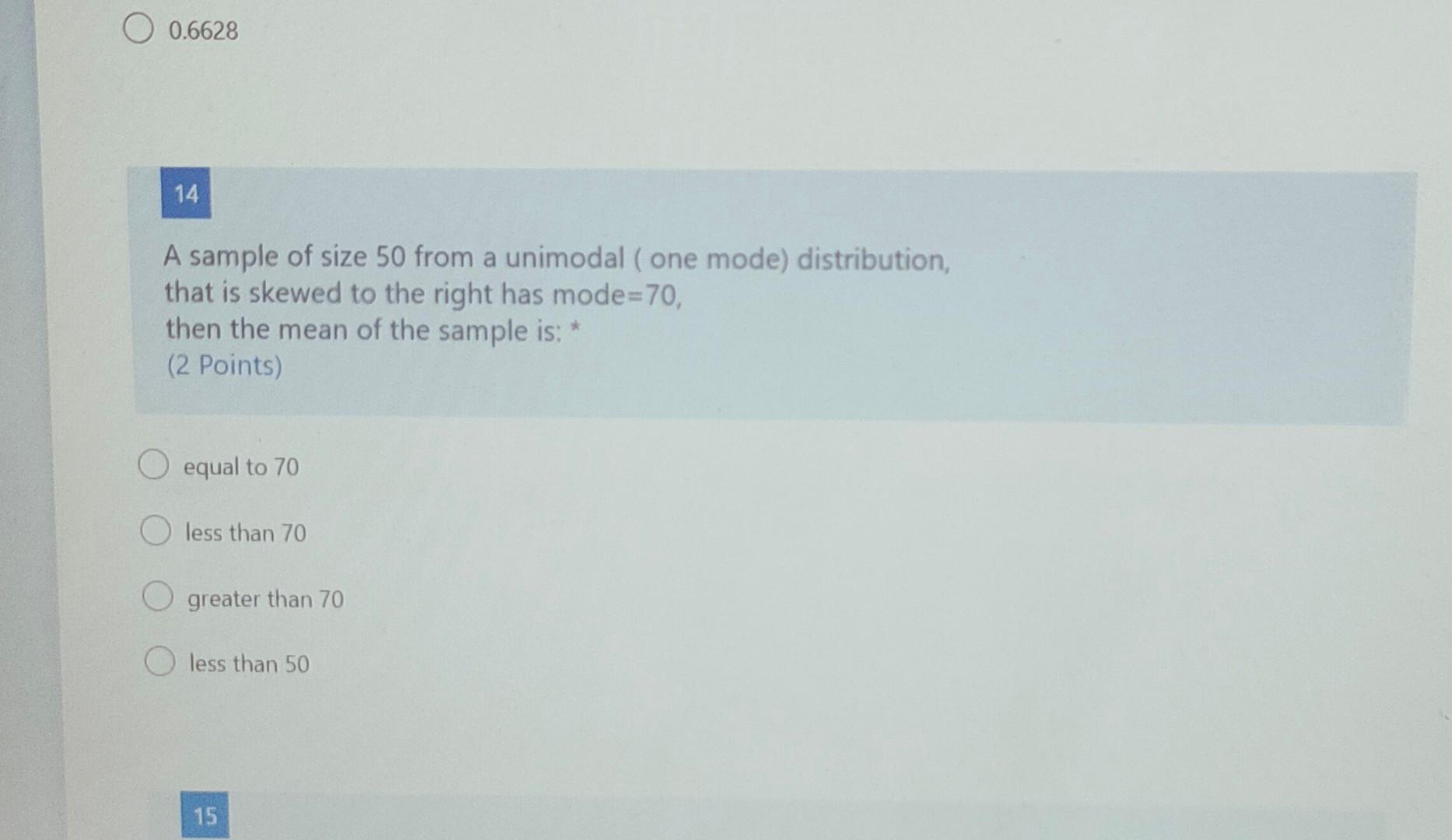 Solved 0 0.6628 14 A sample of size 50 from a unimodal ( one | Chegg.com