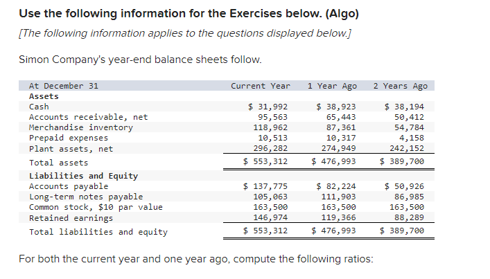 Solved Use the following information for the Exercises | Chegg.com