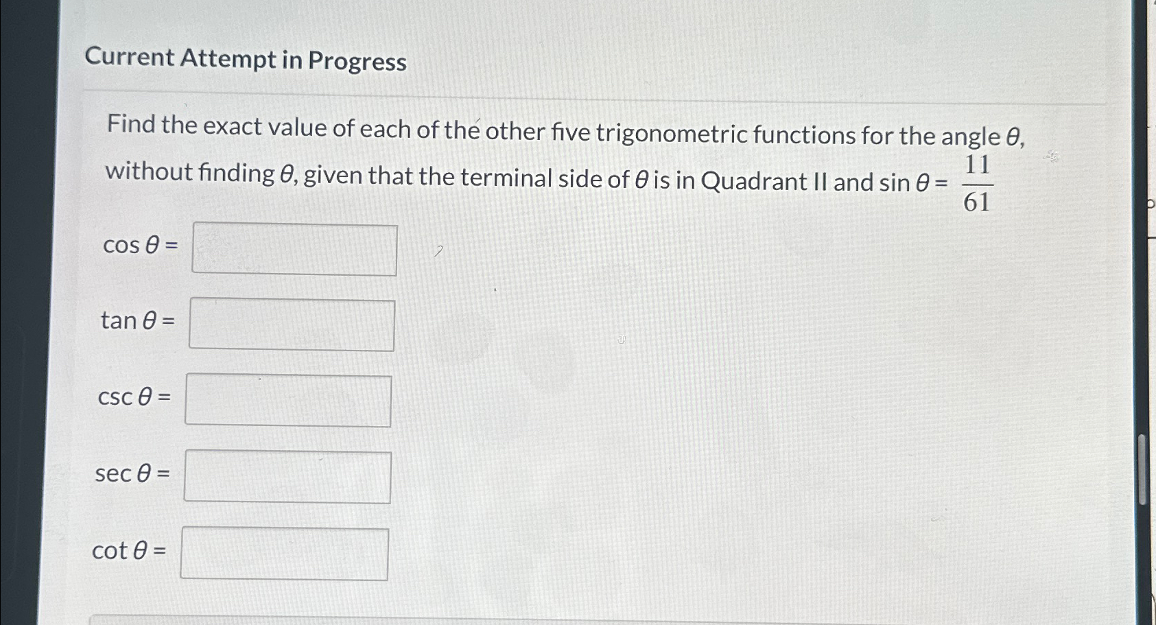 Solved Current Attempt in ProgressFind the exact value of | Chegg.com