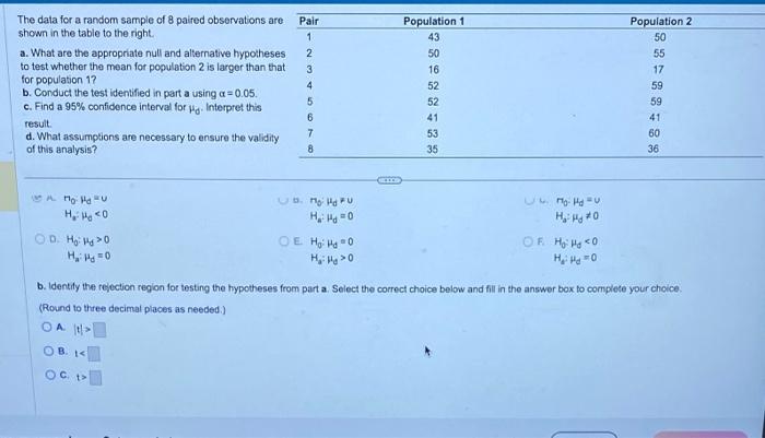 Solved The data for a random sample of 8 paired observations | Chegg.com