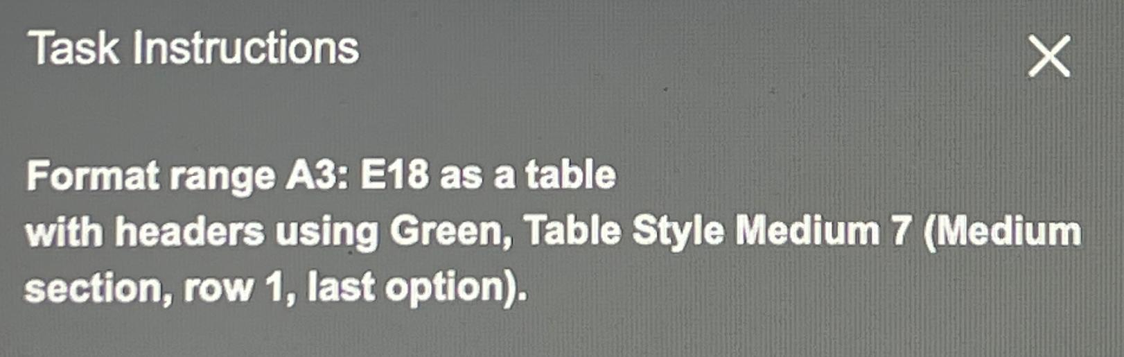 Solved Task InstructionsFormat range A3: E18 ﻿as a table | Chegg.com