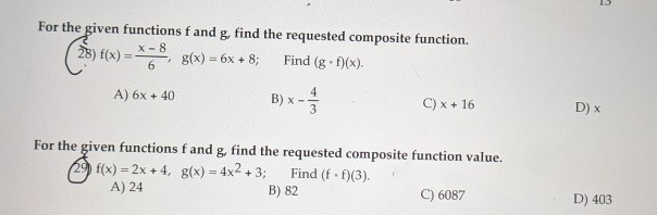 Solved For the given functions f and g, find the requested | Chegg.com