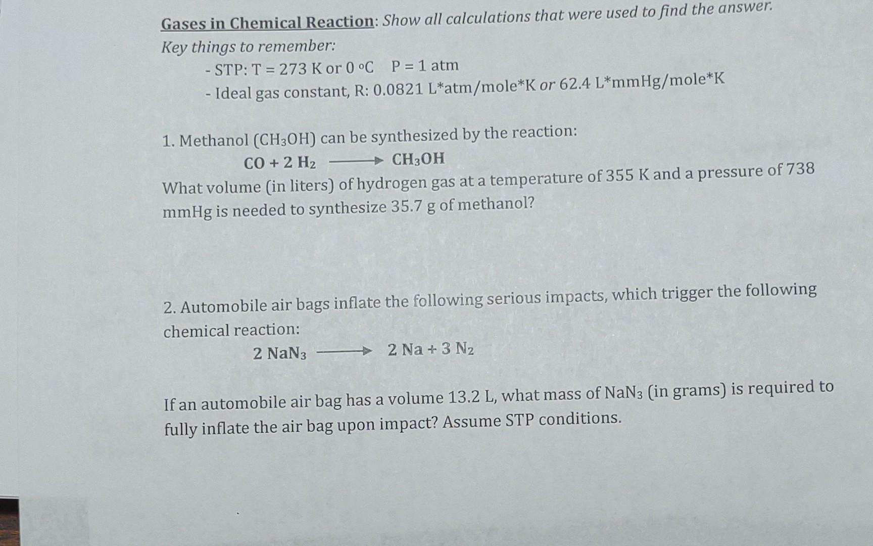 Solved Gases in Chemical Reaction: Show all calculations | Chegg.com