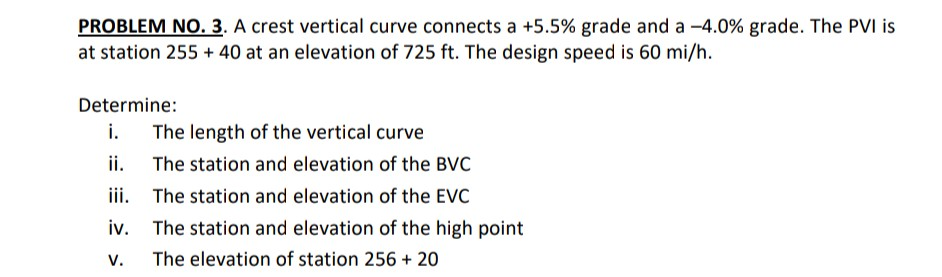 Solved PROBLEM NO. 3. A crest vertical curve connects a | Chegg.com