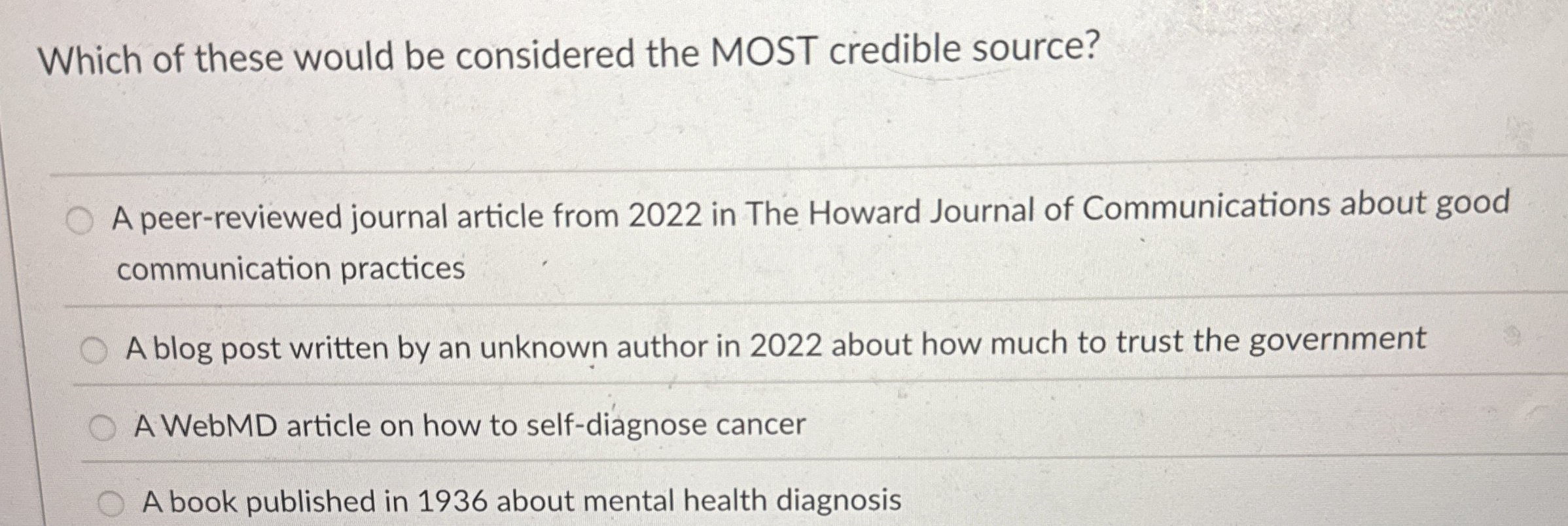 Solved Which of these would be considered the MOST credible | Chegg.com