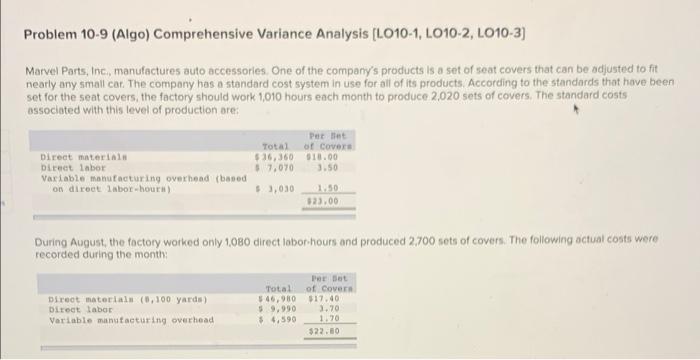 Solved Problem 10-9 (Algo) Comprehensive Variance Analysis | Chegg.com