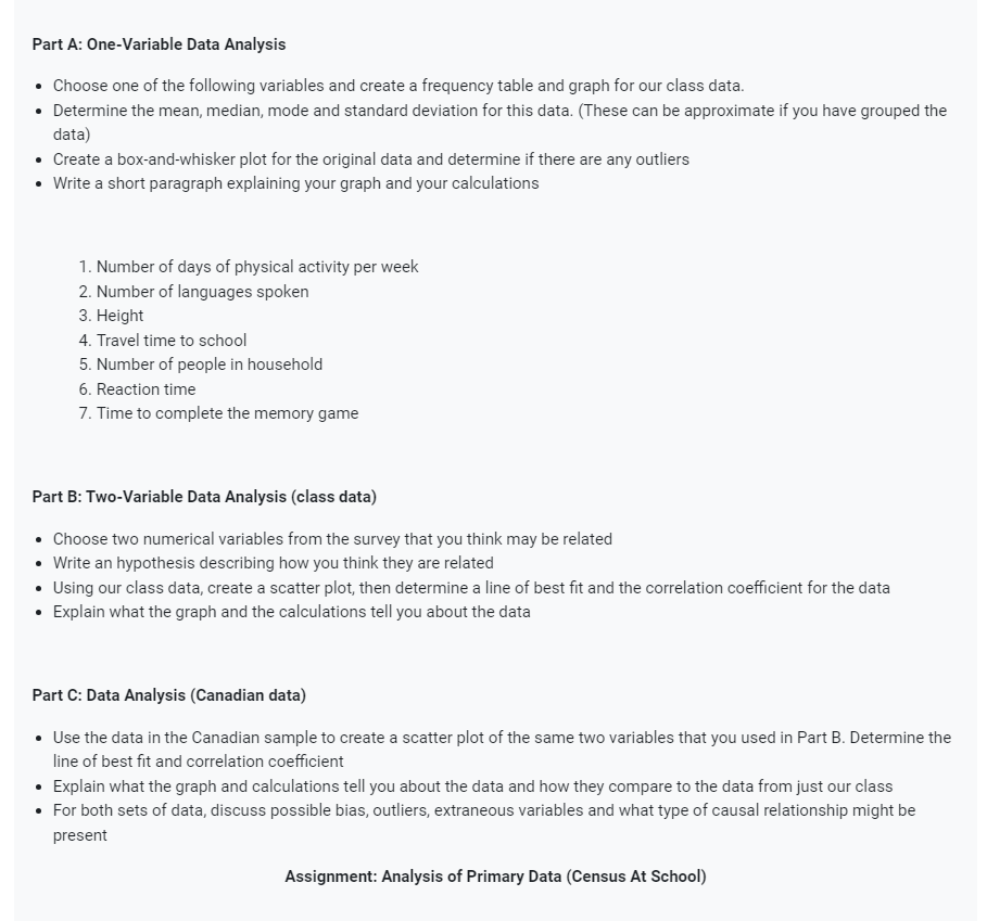 Solved Part A: One-Variable Data AnalysisChoose one of the | Chegg.com